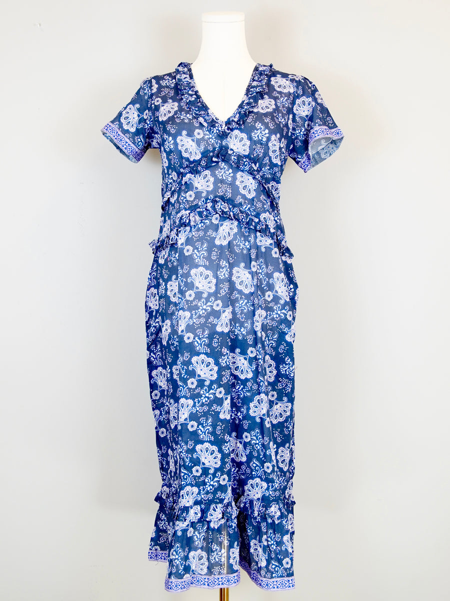 Mallory Midi Dress - Retro Floral Navy and Periwinkle – La Plage