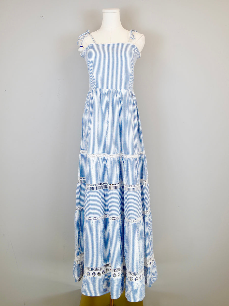 Beaufort Strappy Maxi Dress - Seersucker Blue and White – La Plage