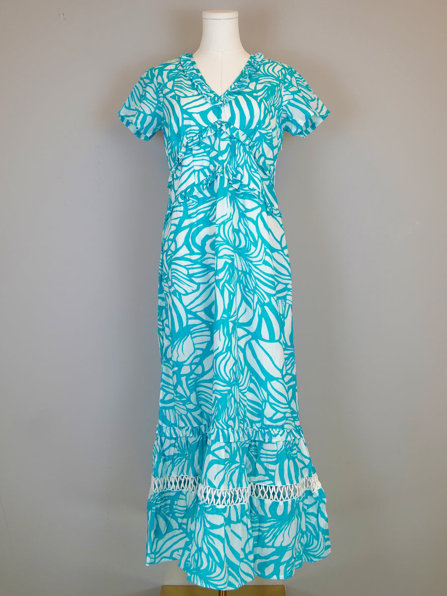 Mallory Maxi Dress- Abstract Floral - White/Capri Turquoise – La Plage