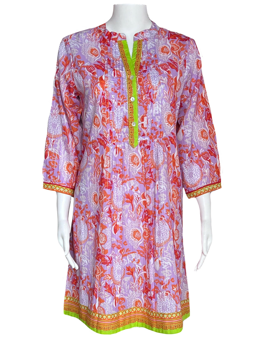 Maye Dress- Floral Block- Lilac/Orange – La Plage