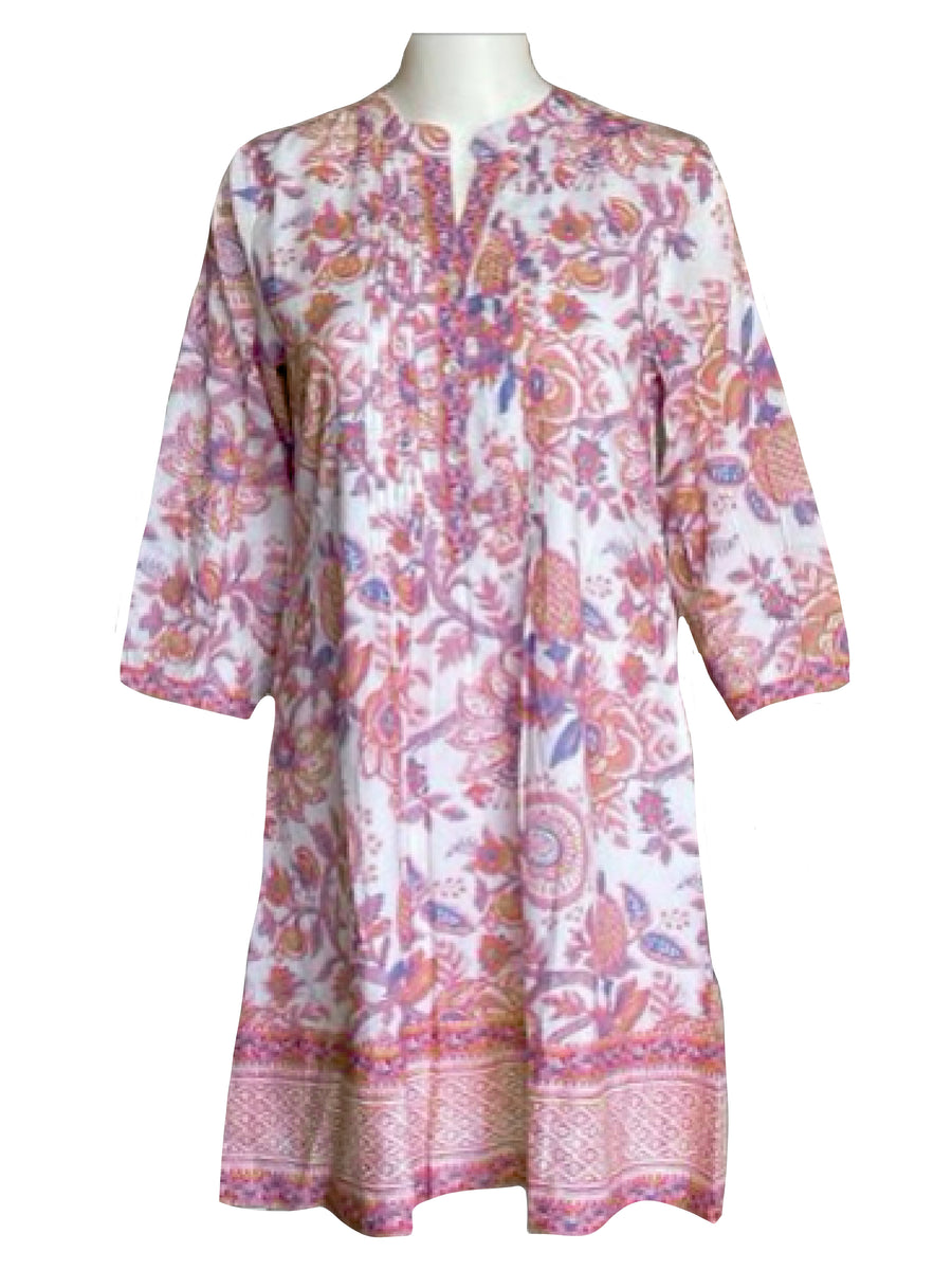 Maye Dress- Floral Block- White with Coral Pinks and Periwinkle – La Plage
