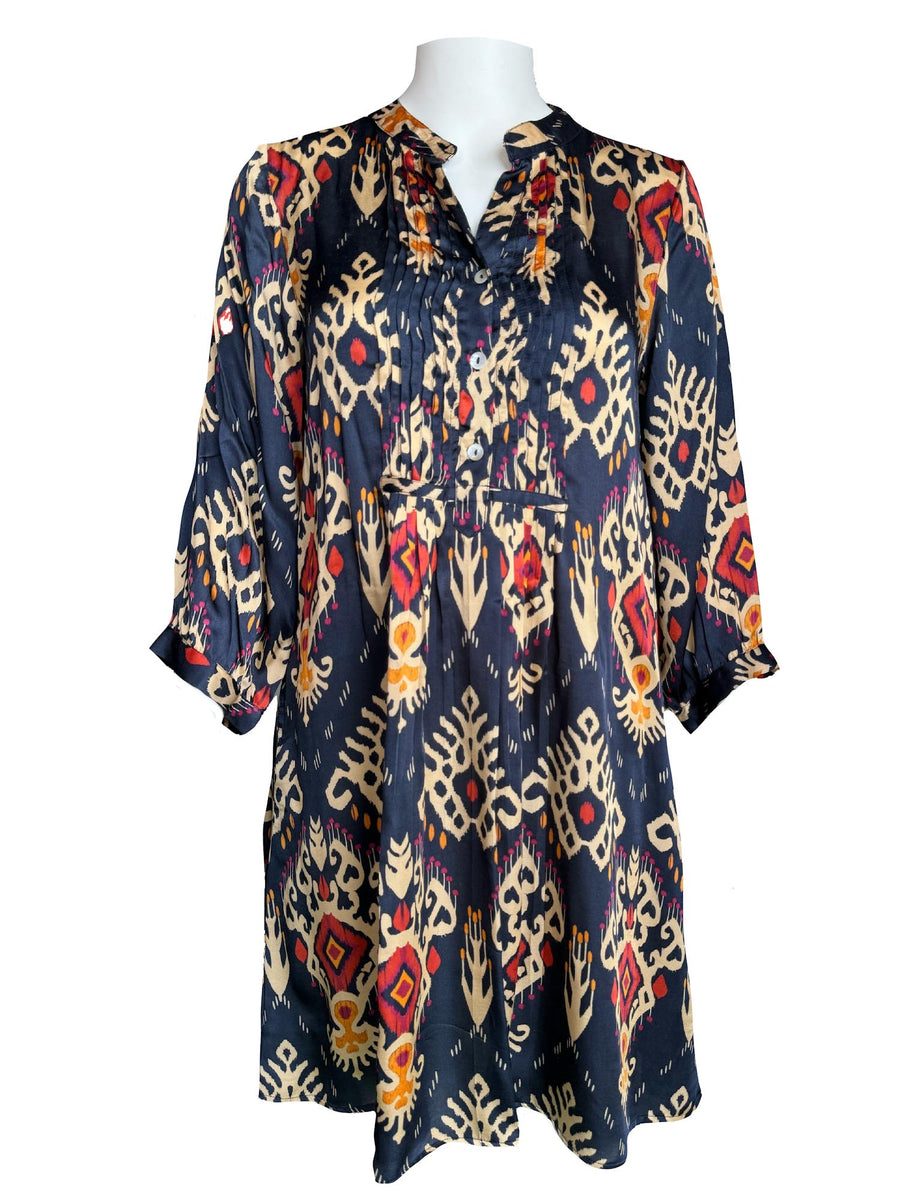 Maye Dress - Ikat Navy Multi Satin – La Plage